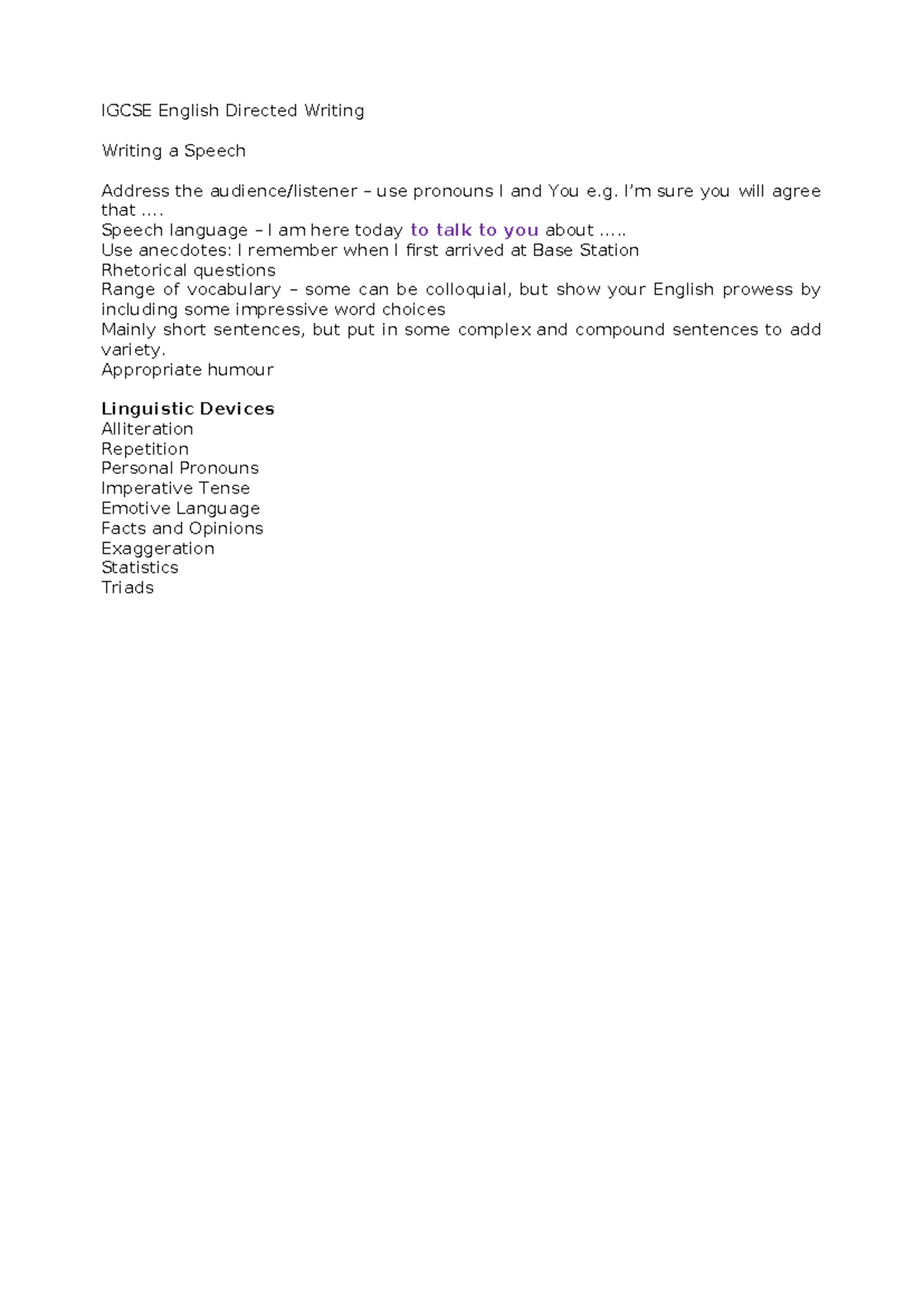 Speech Writing - IGCSE English Directed Writing Writing a Speech ...