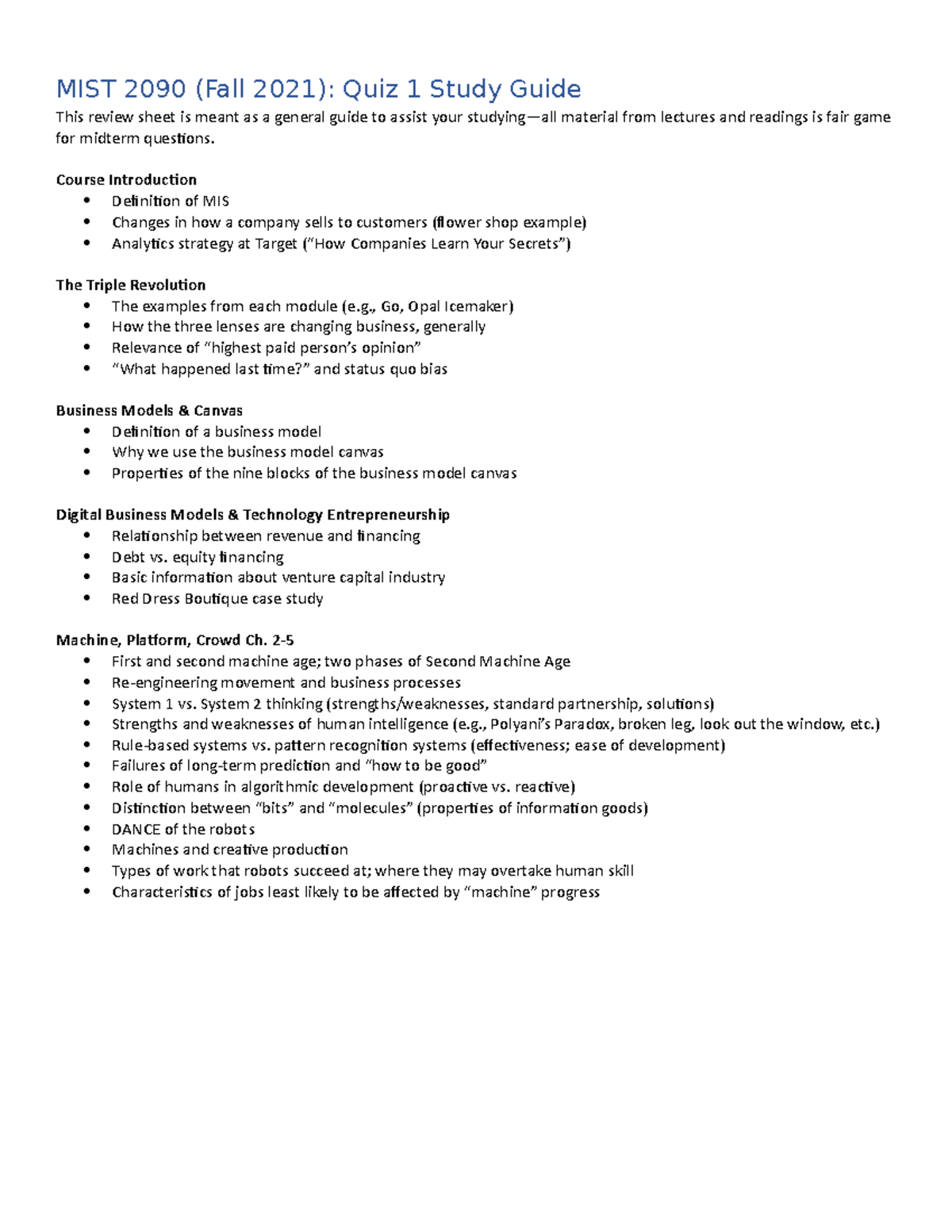 Quiz 1 study guide - MIST 2090 (Fall 2021): Quiz 1 Study Guide This ...