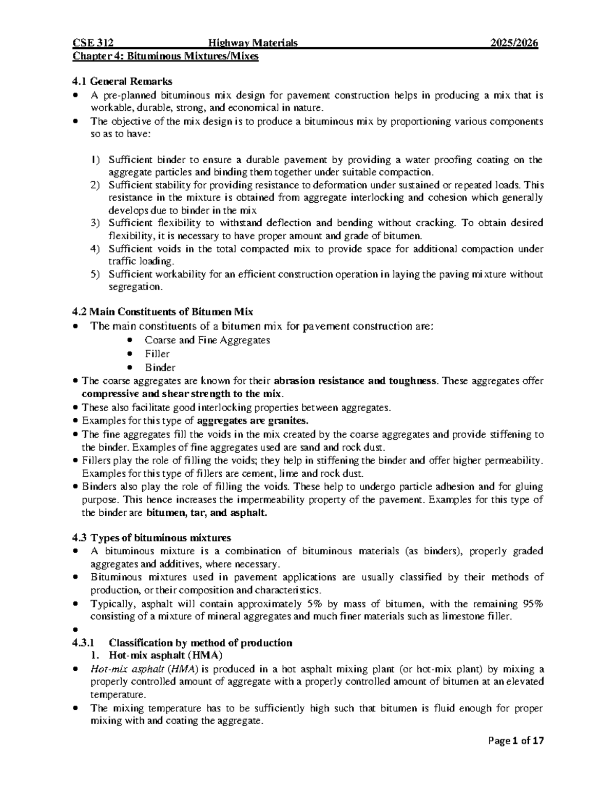 CSE 312 Highway Materials Chapter 4: Bituminous Mix Design Overview ...