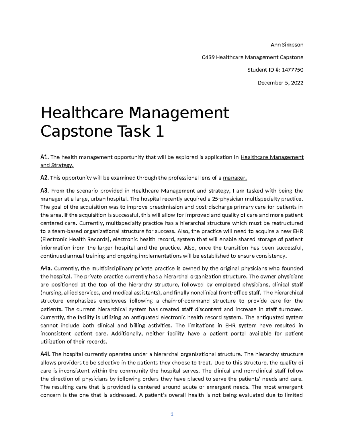 C439 Capstone Task 1: Improving Healthcare Management Strategies - Studocu