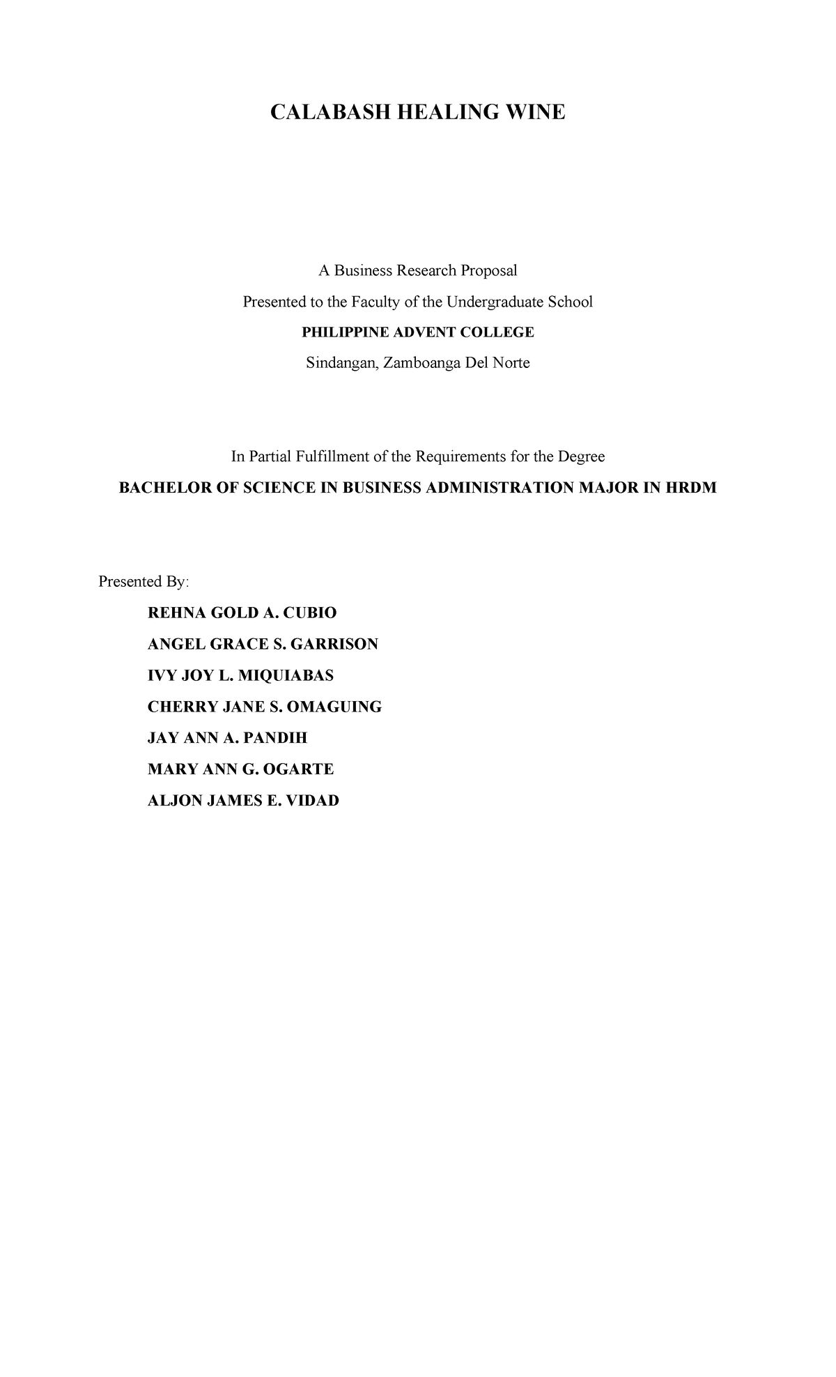 Business Research Proposal: Calabash Healing Wine (BSBA HRDM) - Studocu