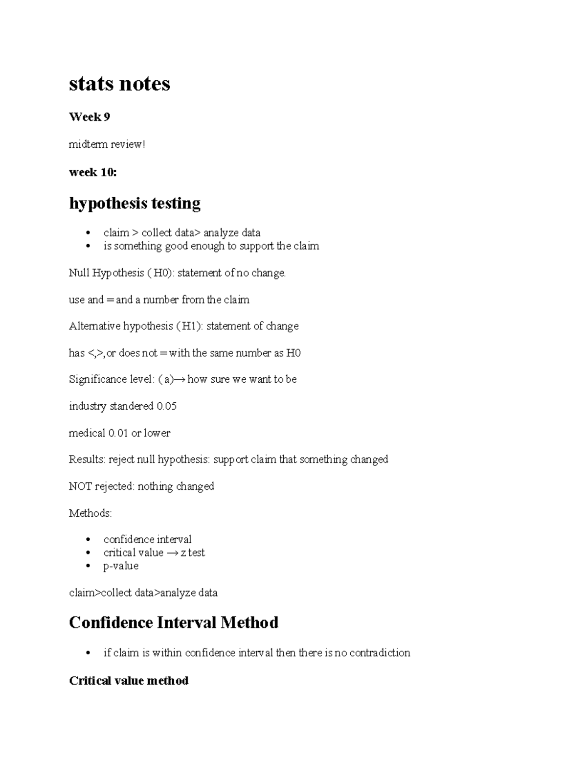 Stats 101 Midterm Review Notes - Hypothesis Testing & ANOVA - Studocu