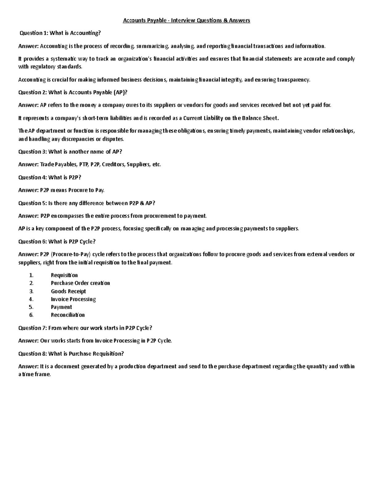 P2P 100 Q - Accounts Payable Interview Questions & Answers - Studocu