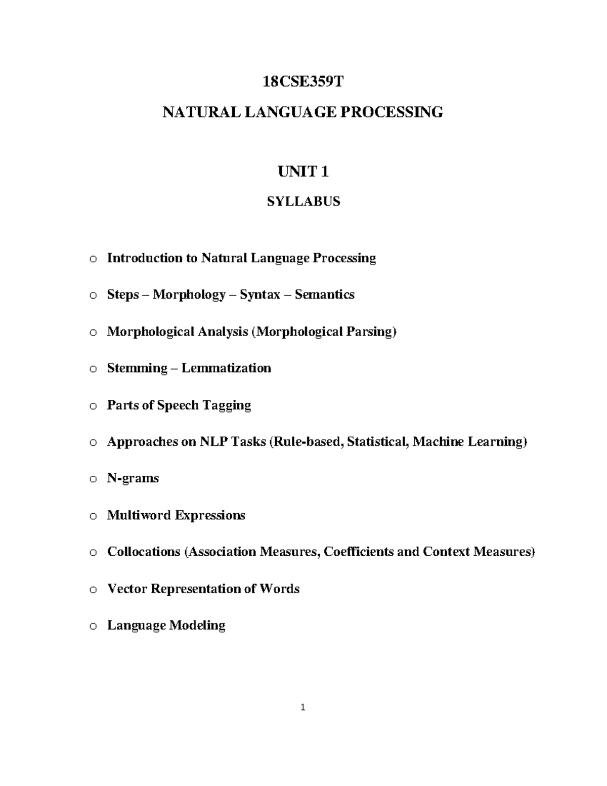 NLP Notes Unit 1 - 18CSE359T NATURAL LANGUAGE PROCESSING UNIT 1 ...