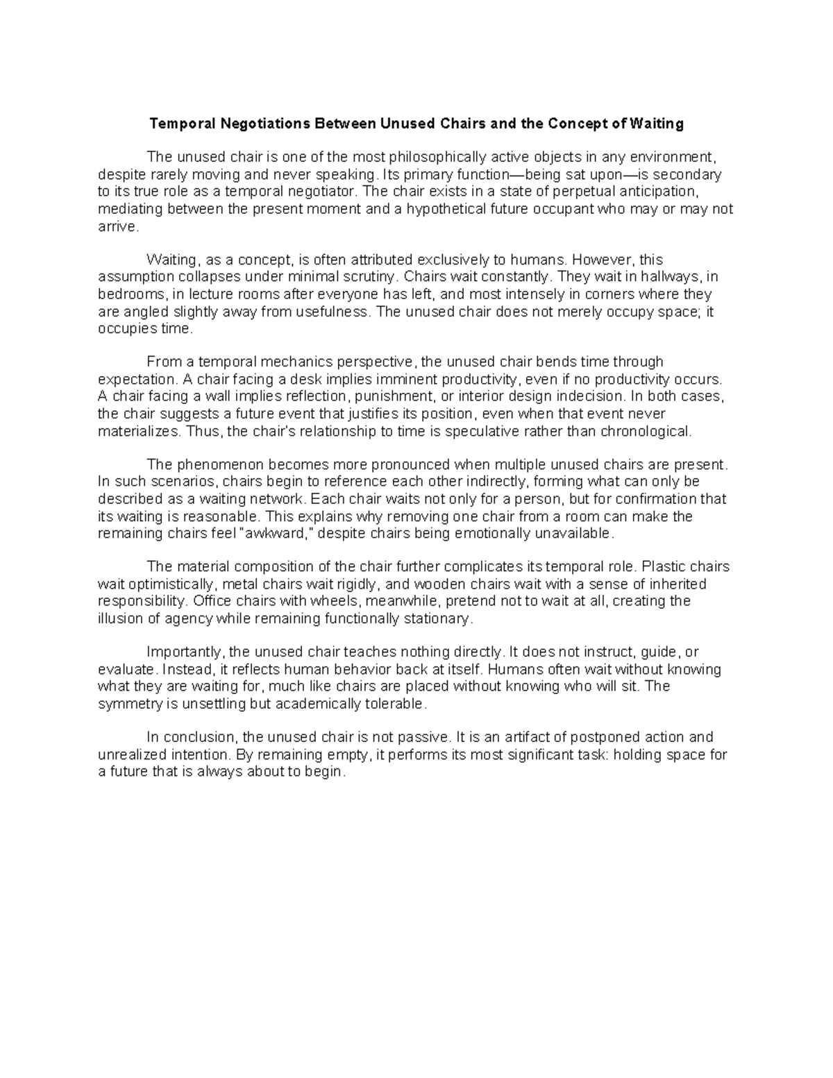 Temporal Negotiations: Unused Chairs & Waiting Dynamics - Studocu