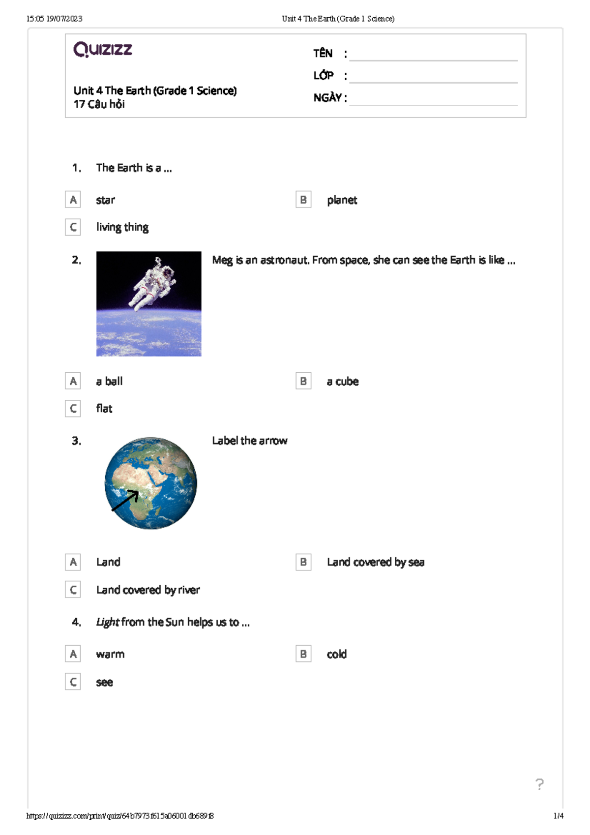 Unit 4: The Earth - Grade 1 Science Quiz Questions - Studocu