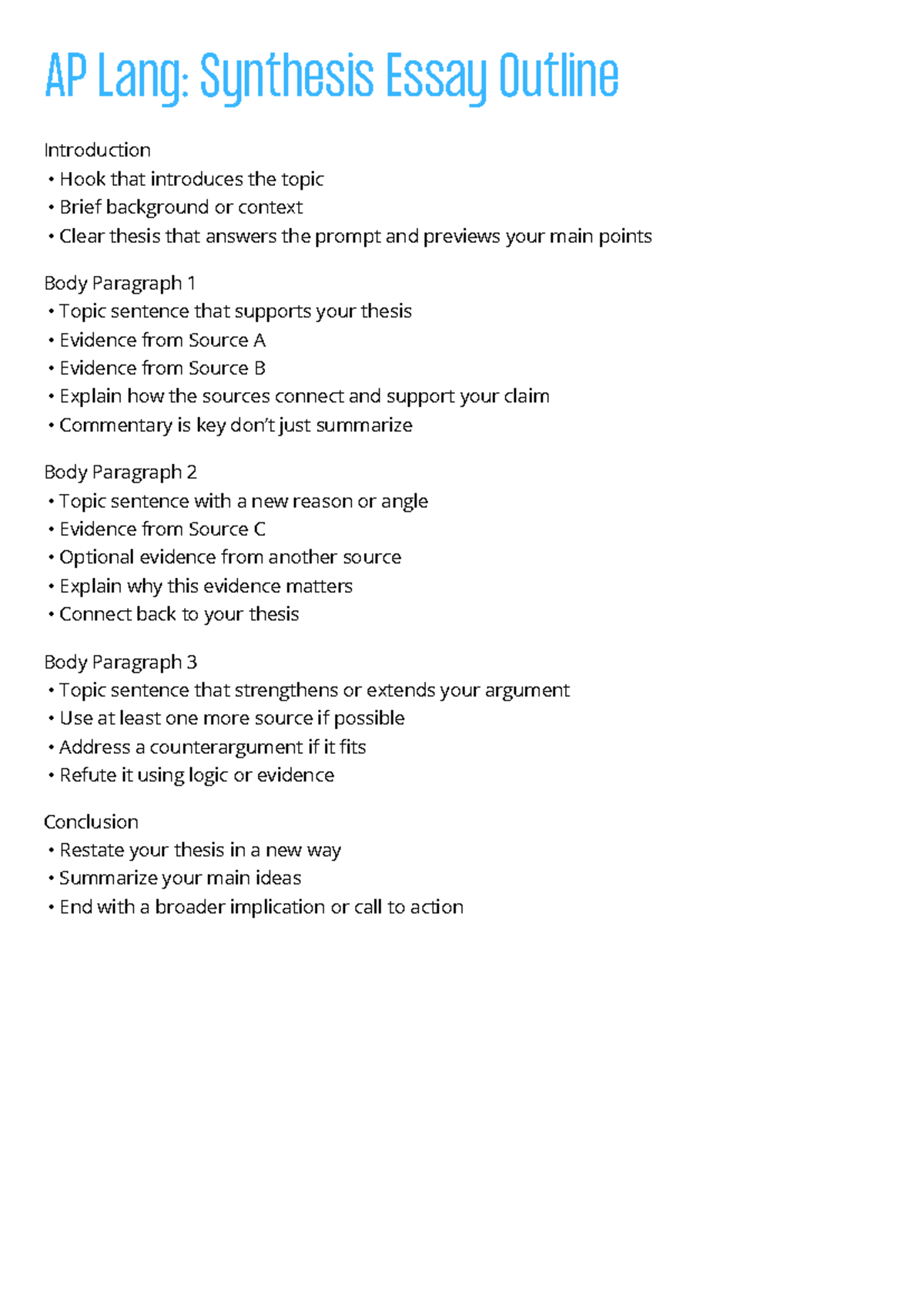AP Lang: Synthesis Essay Outline Guide for Success - Studocu