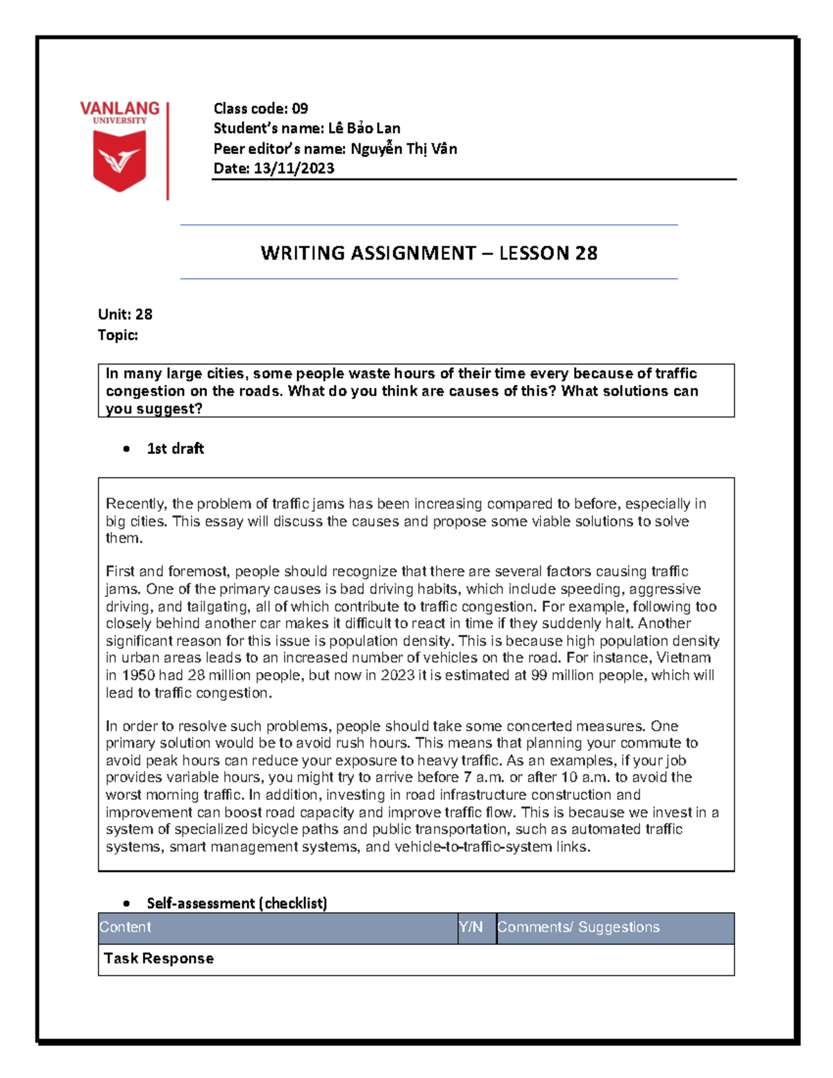 Writingtask2-av7 - Class code: 09 Student’s name: Lê Bảo Lan Peer ...