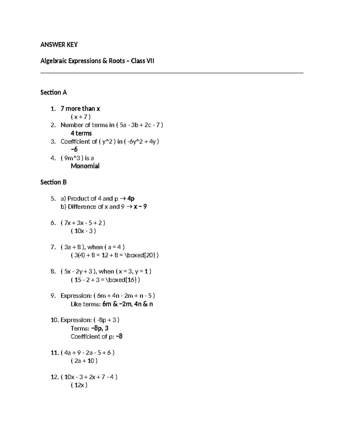Algebraic Expressions Answer Key Class VII - Important - Studocu