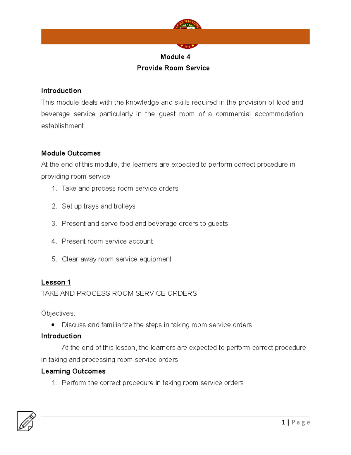 Module 4 - FBS-OP - Room Service Procedure Lecture Notes - Studocu