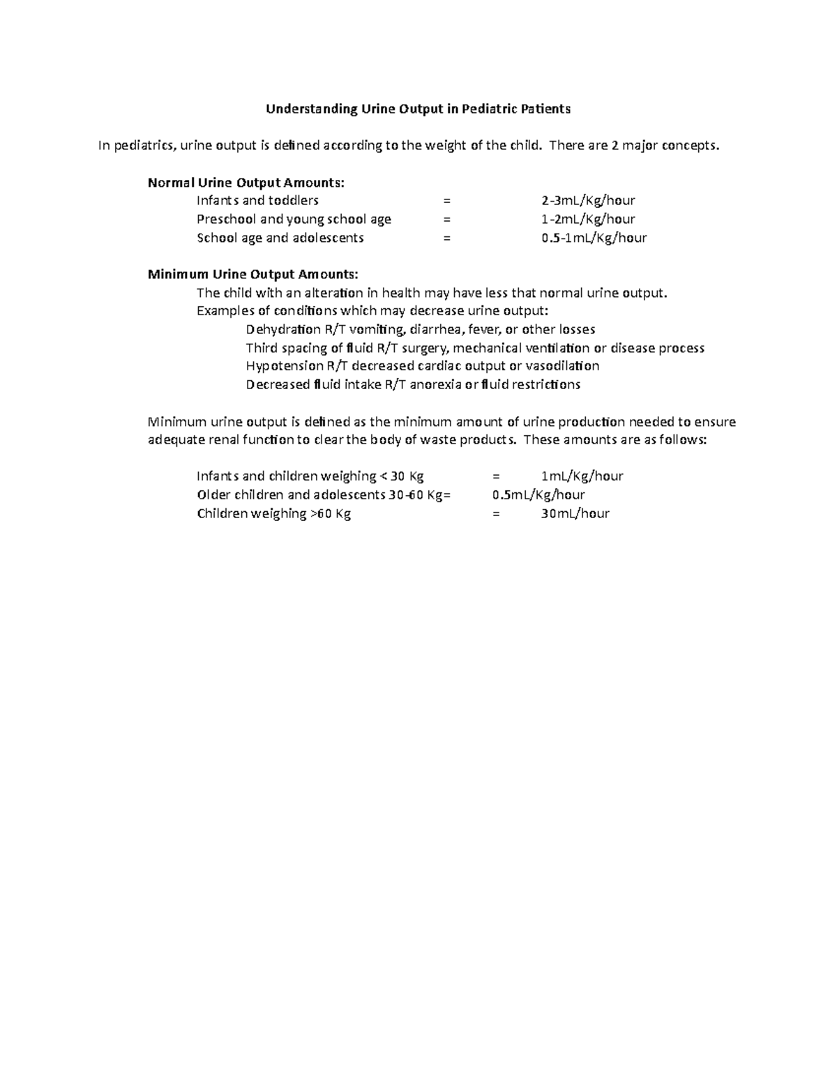 Urine Output Information Sheet - Understanding Urine Output in ...