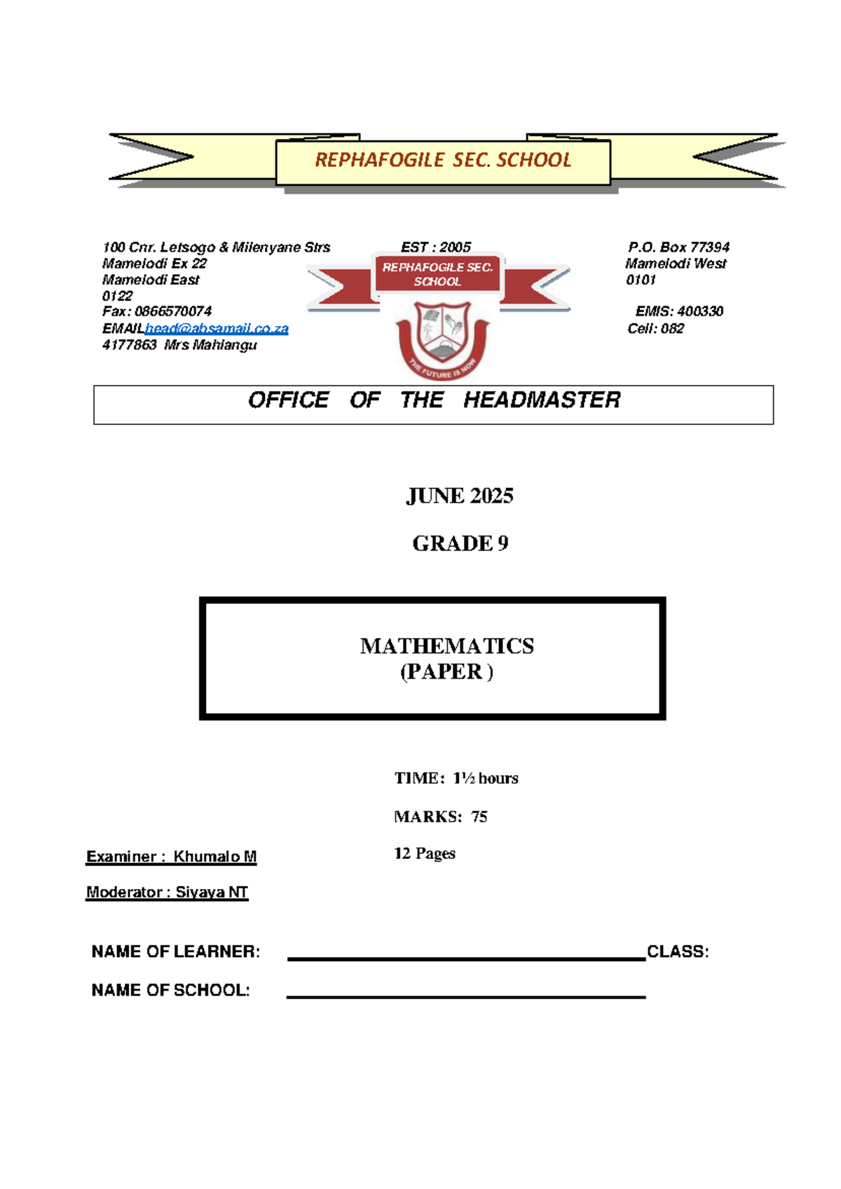Grade 9 Mathematics June 2025 Exam Paper 1 (75 Marks) - Studocu