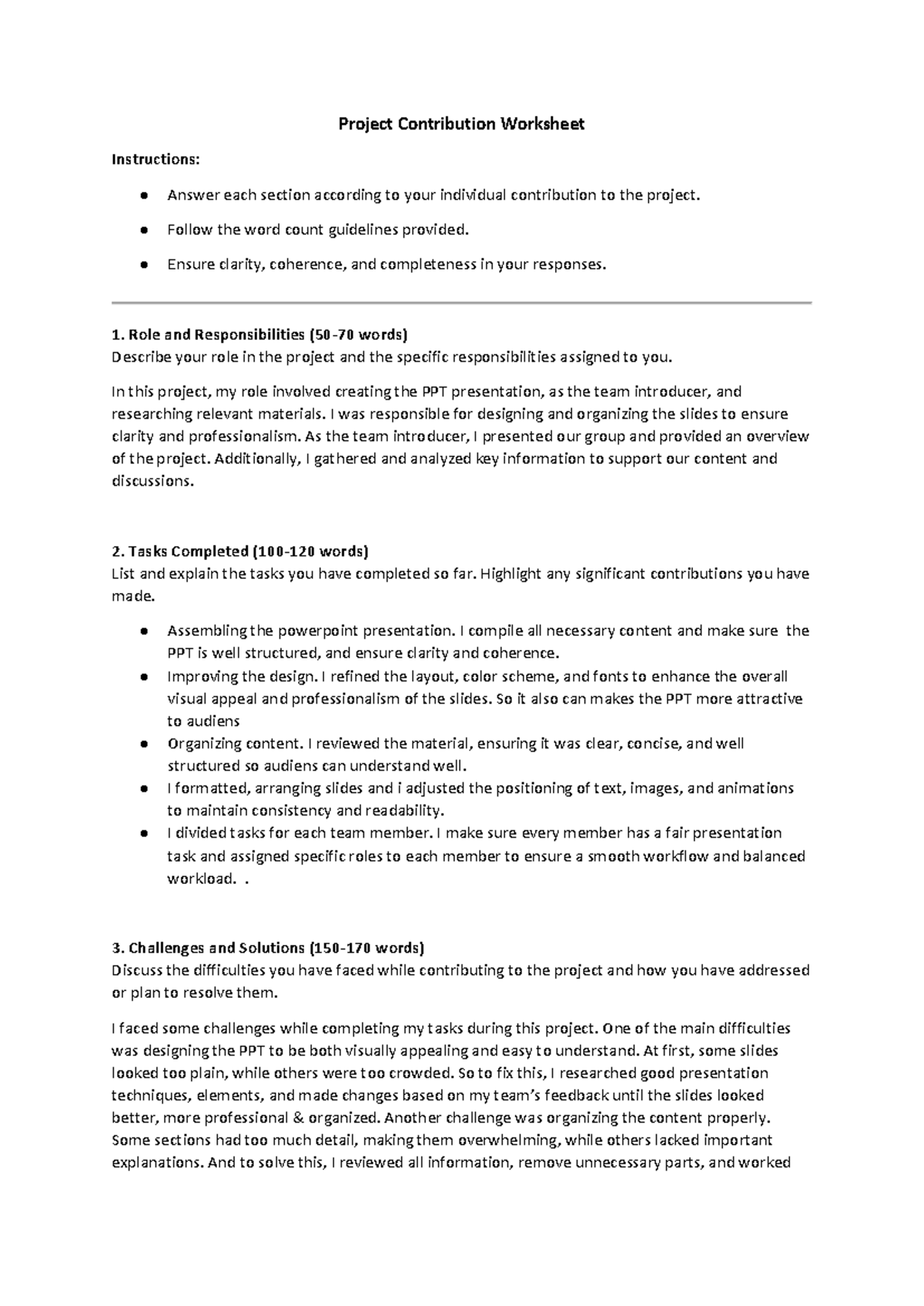 Informatics Project Contribution Worksheet Instructions - Studocu