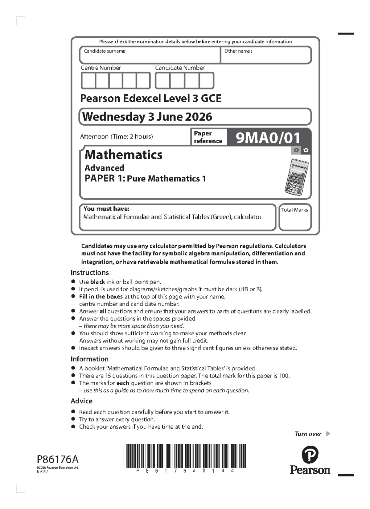 2026 Mathematics Advanced GCE Paper 1 Exam Details - Studocu