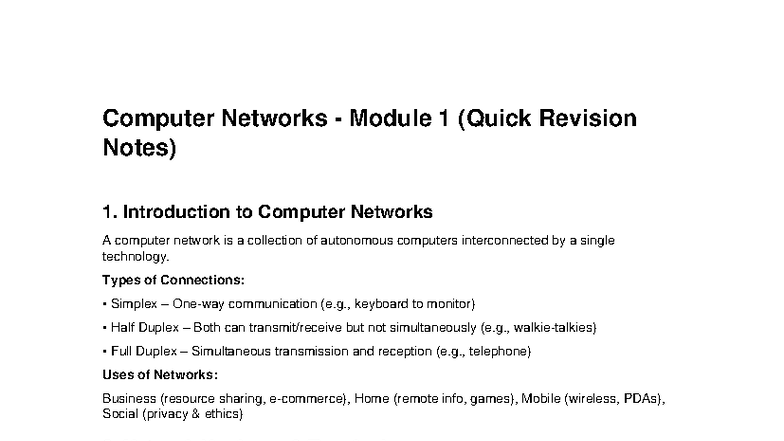 Computer Networks Module 1: Quick Revision Notes - Studocu