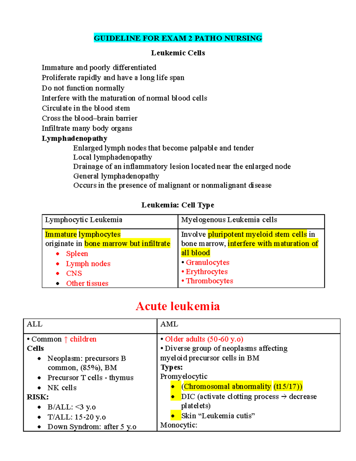 Guide EXAM 2 Patho - ####### GUIDELINE FOR EXAM 2 PATHO NURSING ...