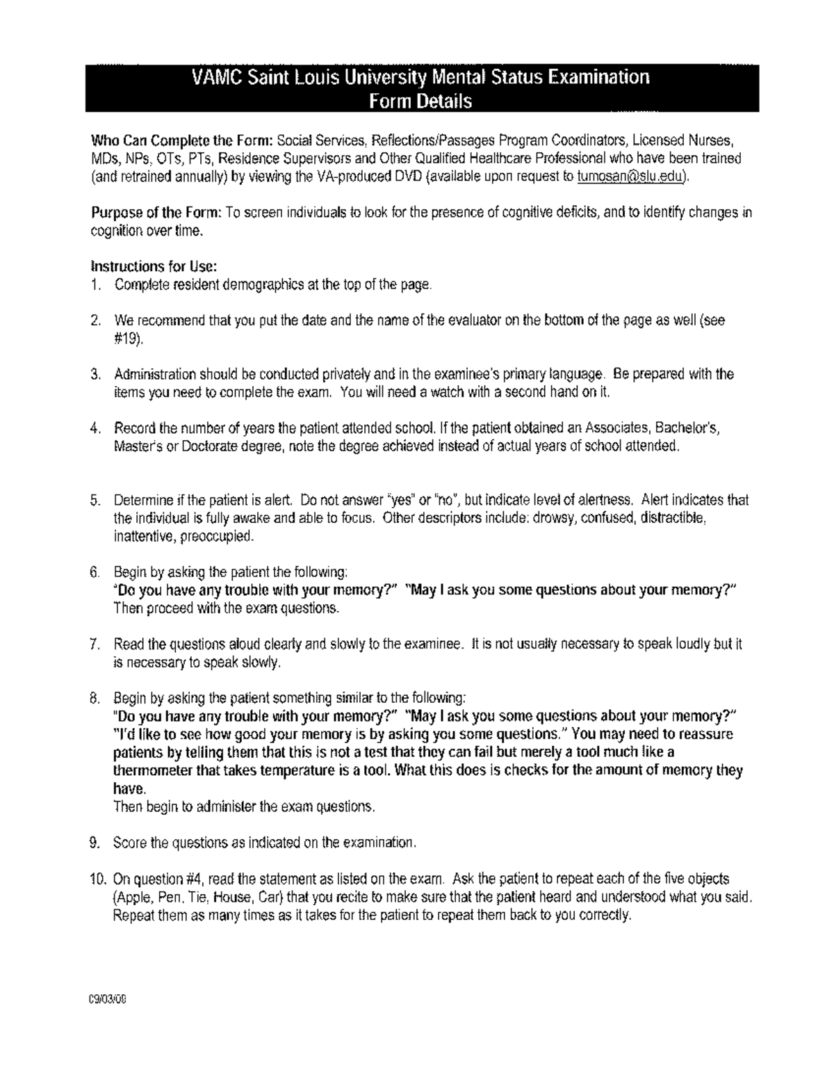 VAMC SLU Mental Status Exam Form Instructions and Guidelines - Studocu