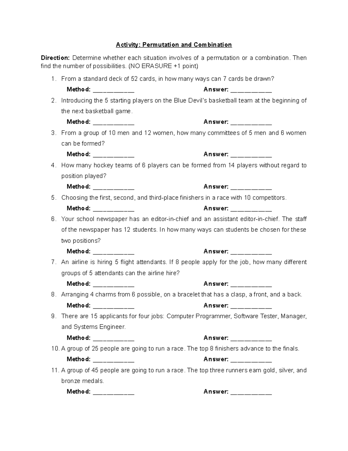 Grade 10 Activity: Permutations & Combinations Problems - Studocu