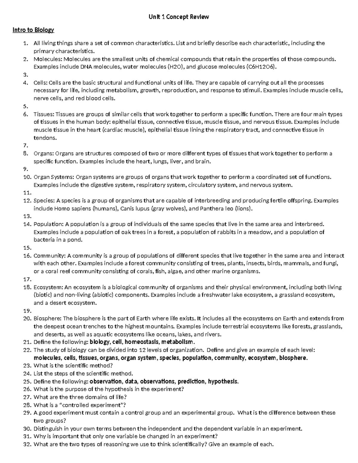Unit 1 Biology Concept Review: Chapters 1-4 (OpenStax) - Studocu