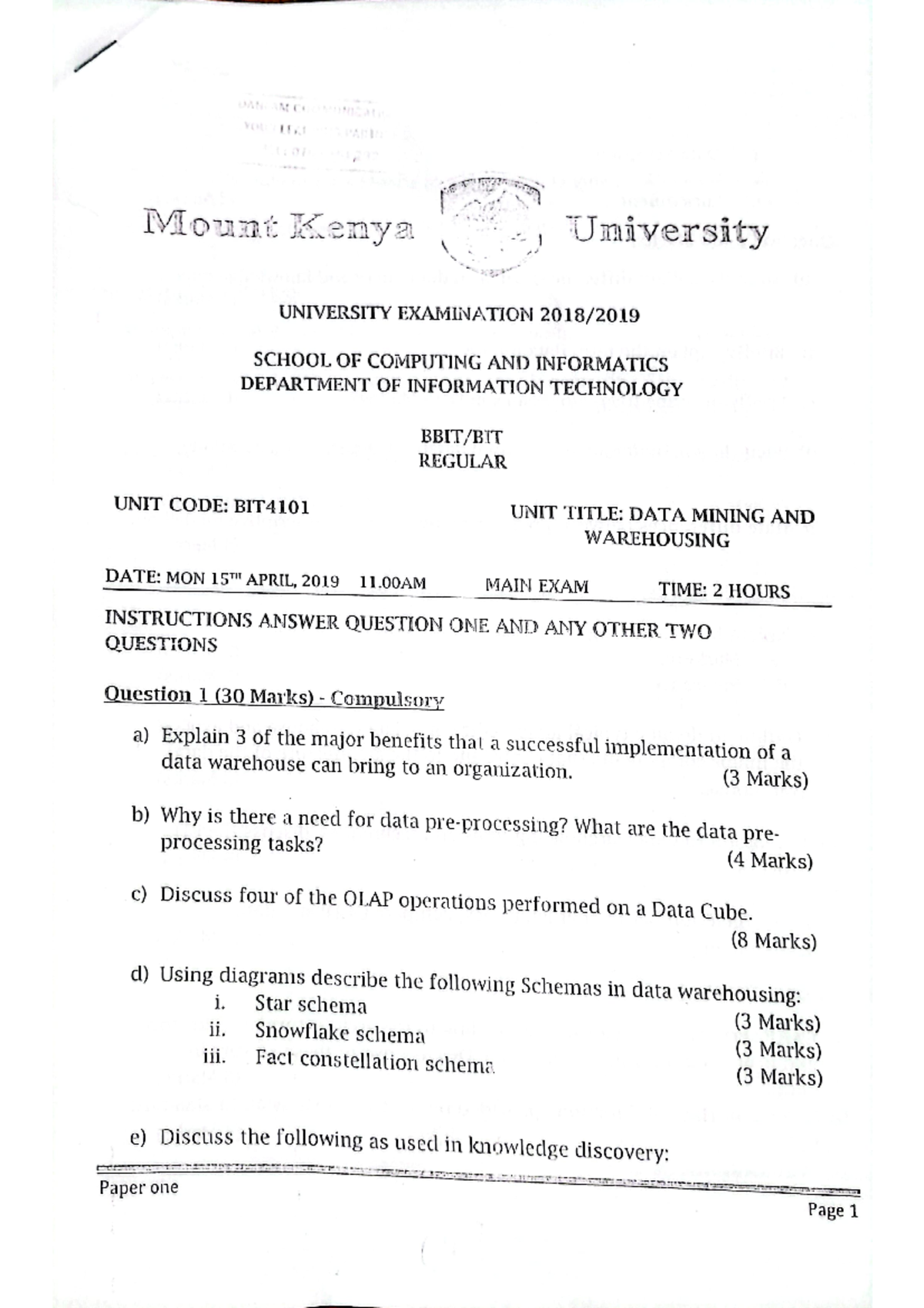 Data Mining and Warehousing Past Exam Papers - BIT4101 - Studocu