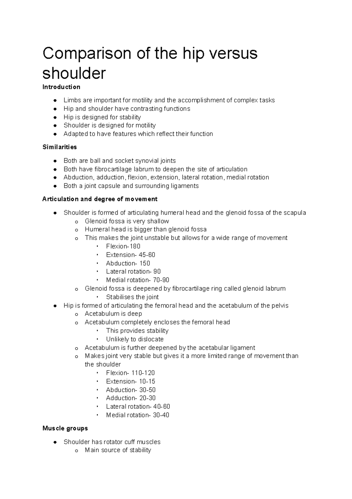 Comparison of the hip versus shoulder - Studocu