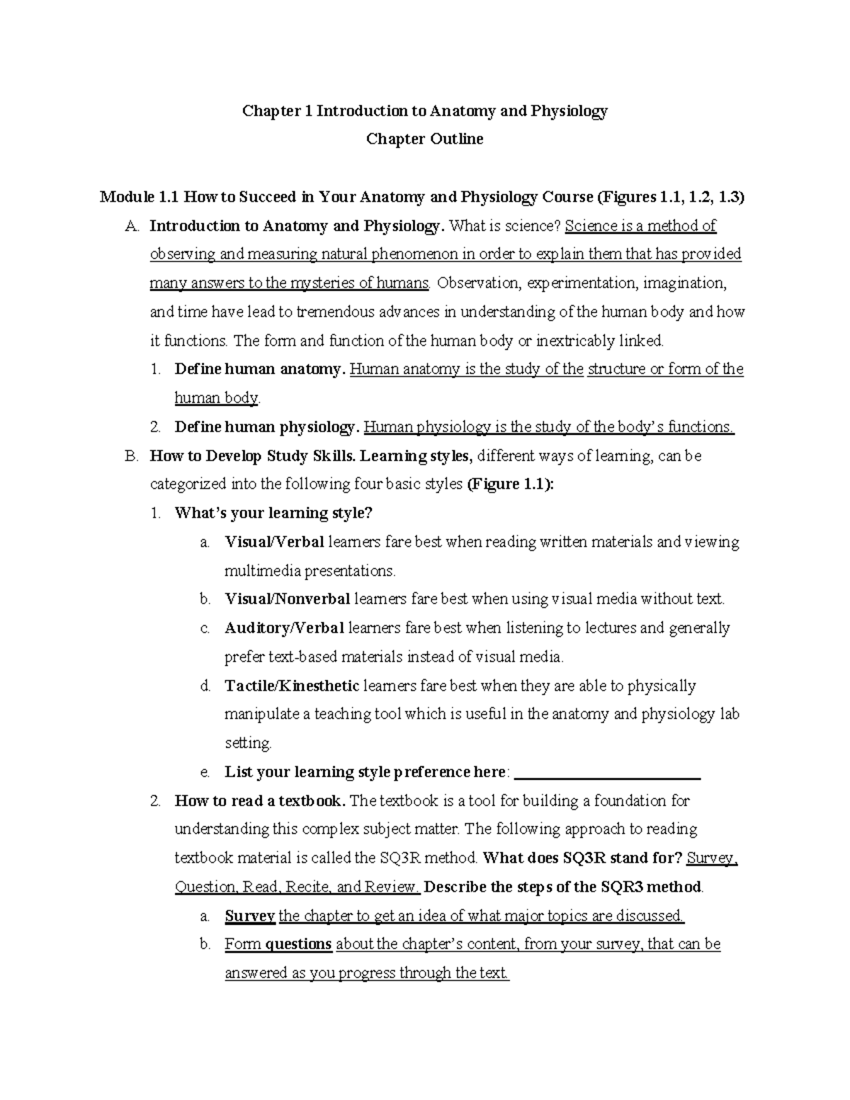 Bio141 - Chapter 1: Intro to Anatomy & Physiology Study Guide - Studocu