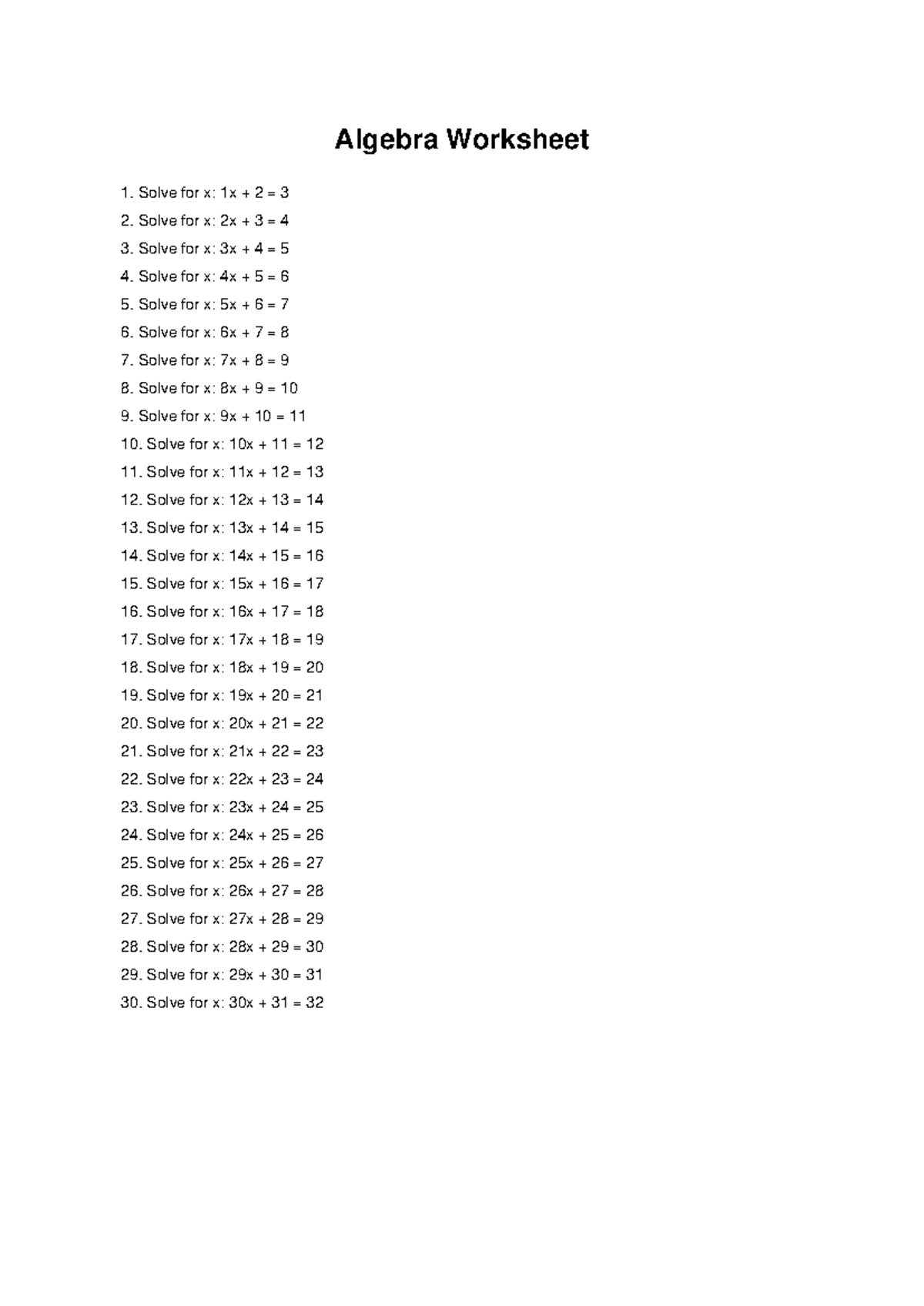 Algebra Worksheet: Solving Linear Equations for x - Studocu