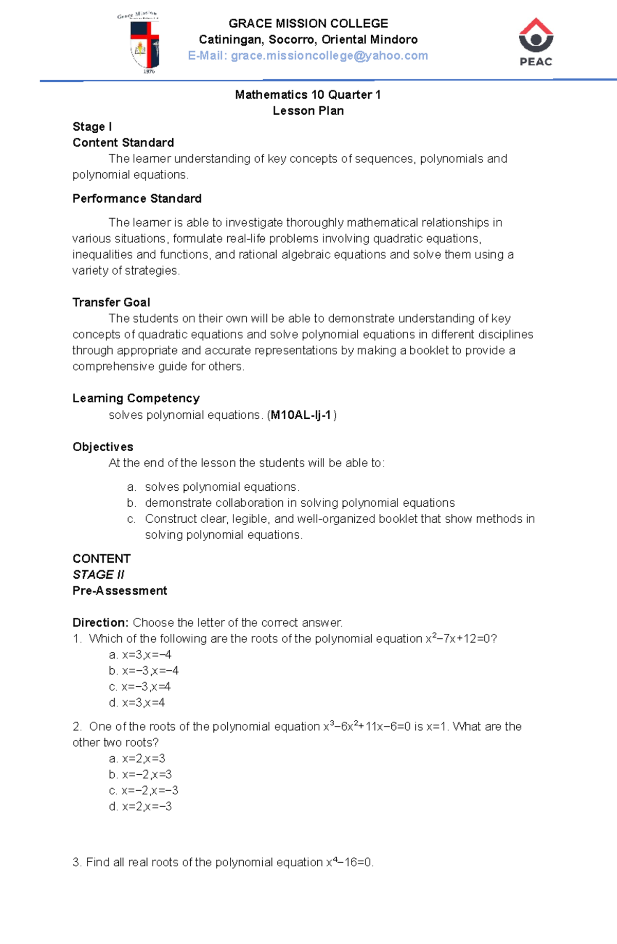 Mathematics 10 Q1 Lesson Plan: Polynomial Equations & Solutions - Studocu