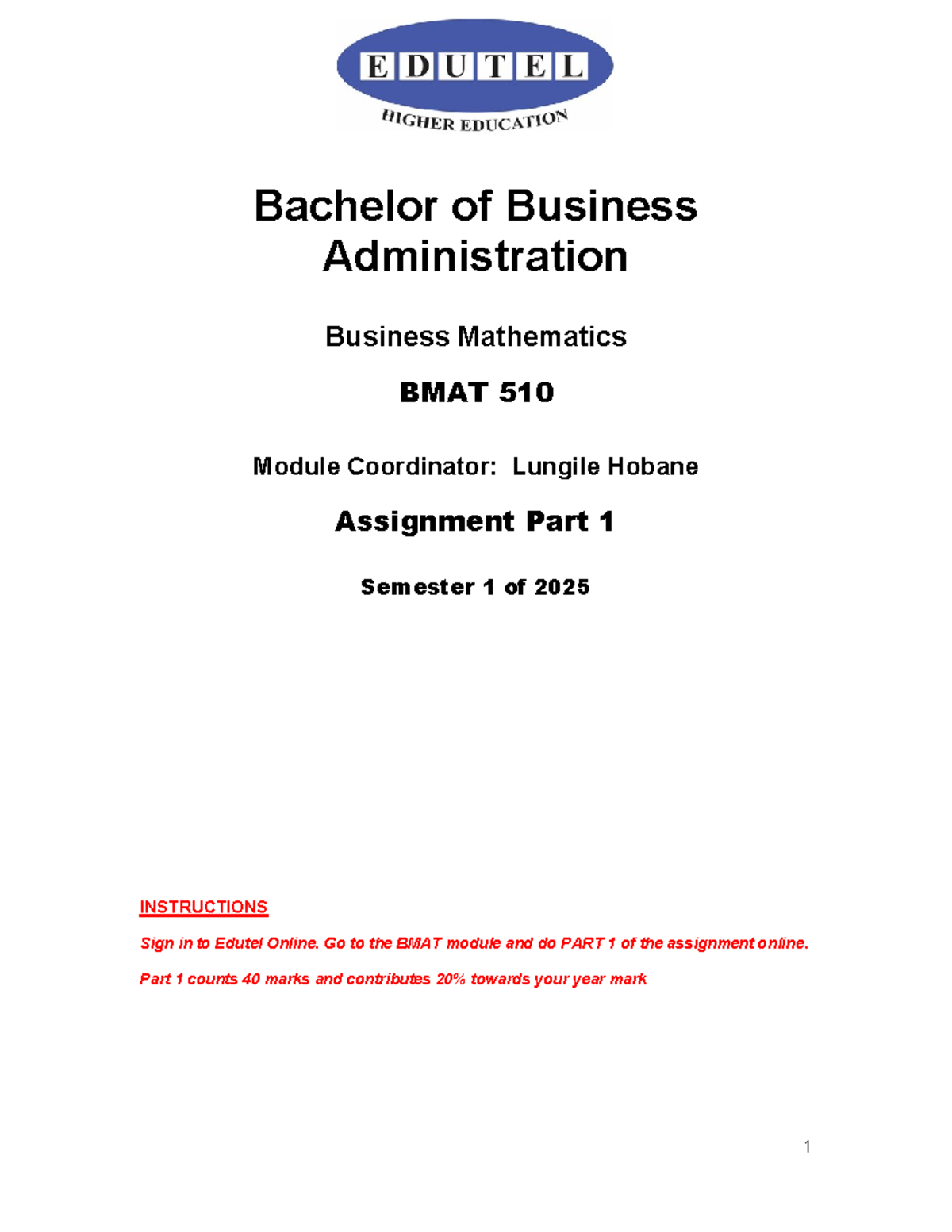 BMAT 510 Business Mathematics Assignment Part 1 Sem 1 2025 - Studocu