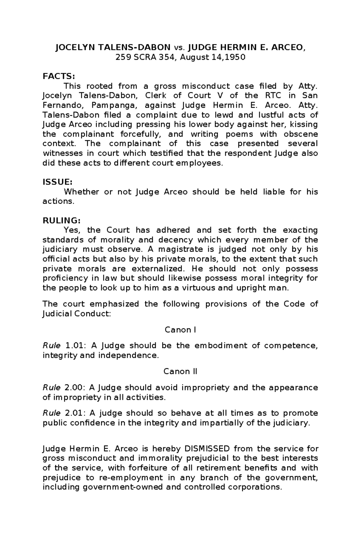 Canon 4 – Propriety: Summary of Judicial Misconduct Cases (J.D.) - Studocu