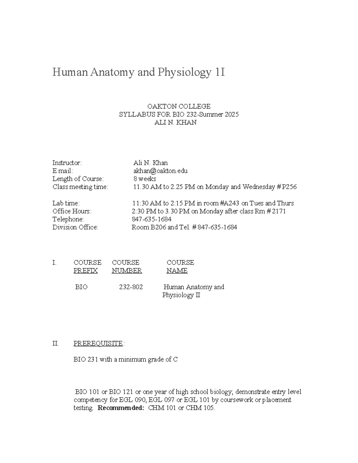 BIO 232 802 Human Anatomy & Physiology II Syllabus - Summer 2025 - Studocu
