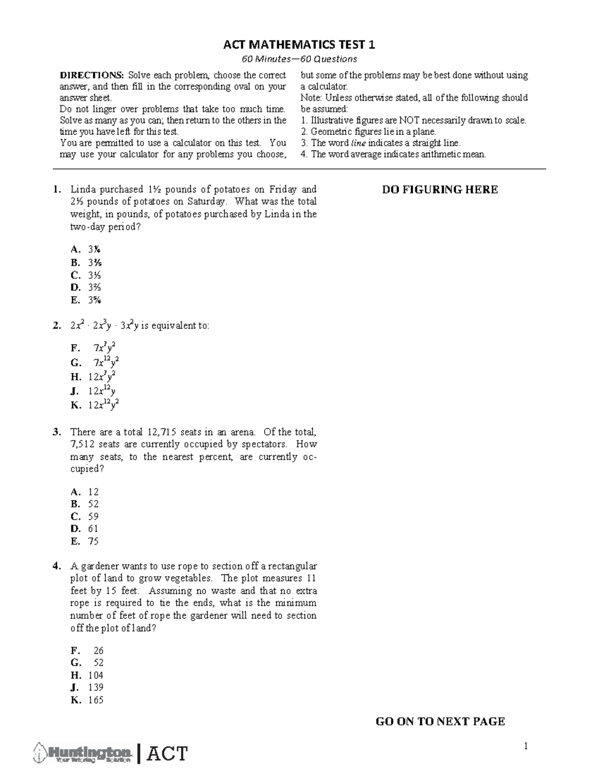 ACT Math Practice Test 1 with Answers for Mrs. Jones' Calculus Class ...