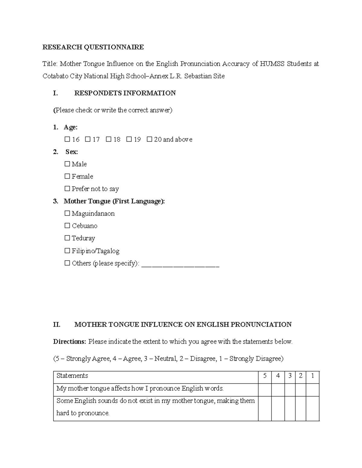 HUMSS Research Questionnaire: Mother Tongue Influence on English ...