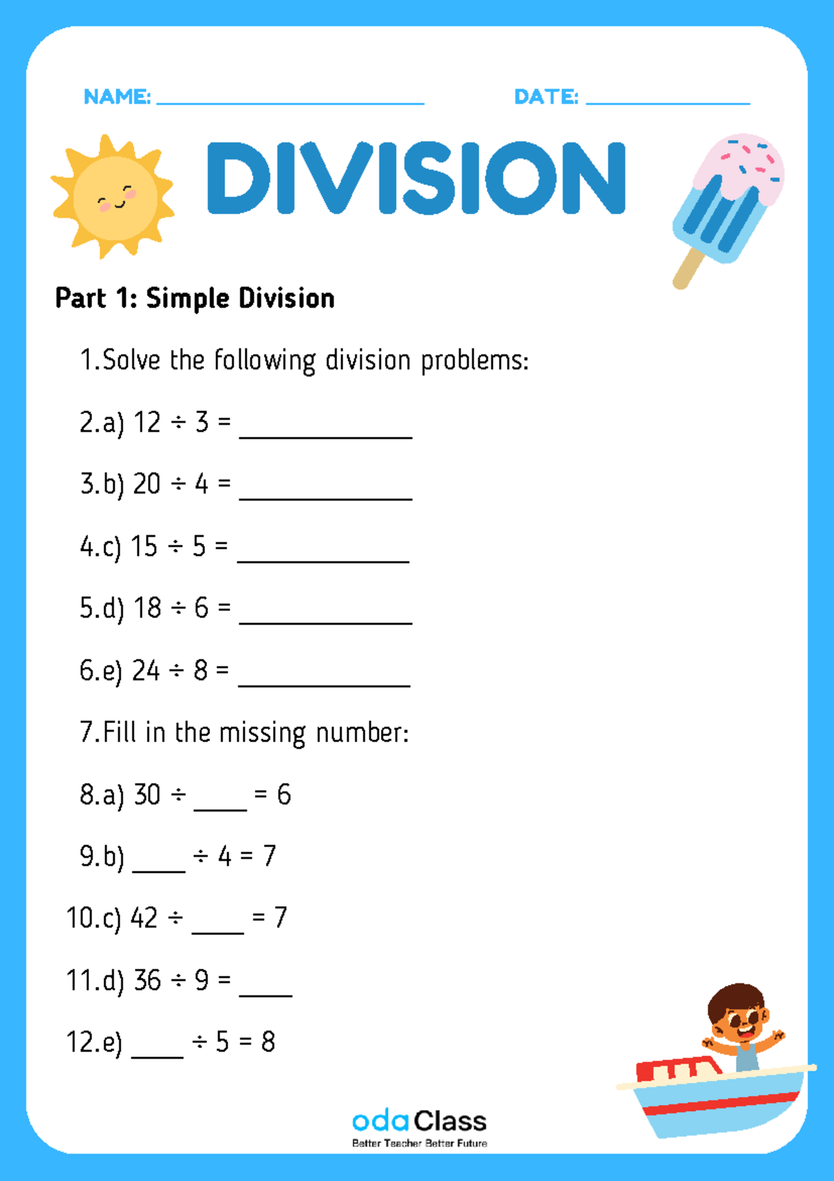 Division Worksheet - Mathematics - Part 1: Simple Division 1. Solve the ...