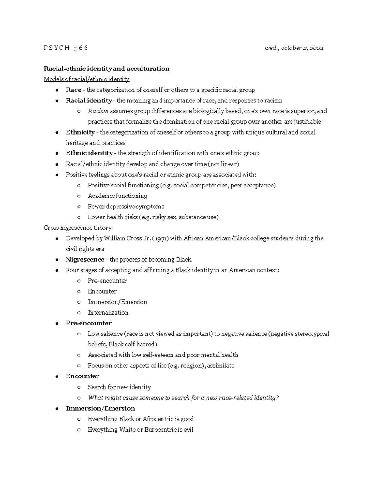 Psych 366 Lecture Notes: Racial-Ethnic Identity and Acculturation - Studocu