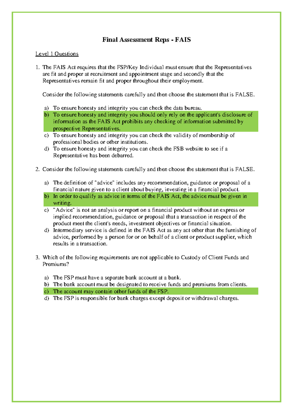 Final Assessment FAIS Level 1: 500 Questions & Answers - Studocu