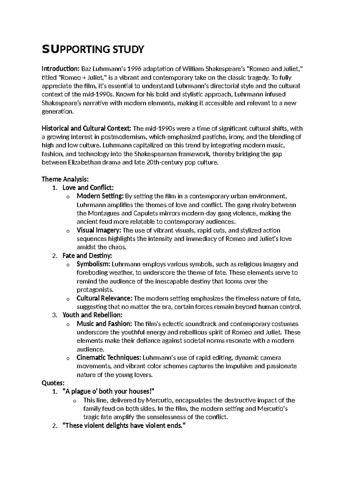 Supporting Study: Baz Luhrmann's Adaptation of Romeo and Juliet ...