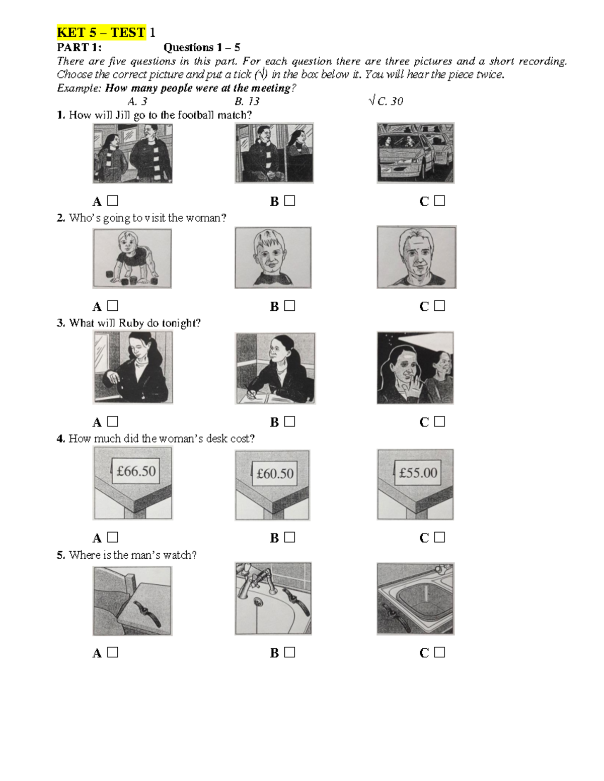 KET 5 Listening Practice: Test Questions and Answers - Studocu