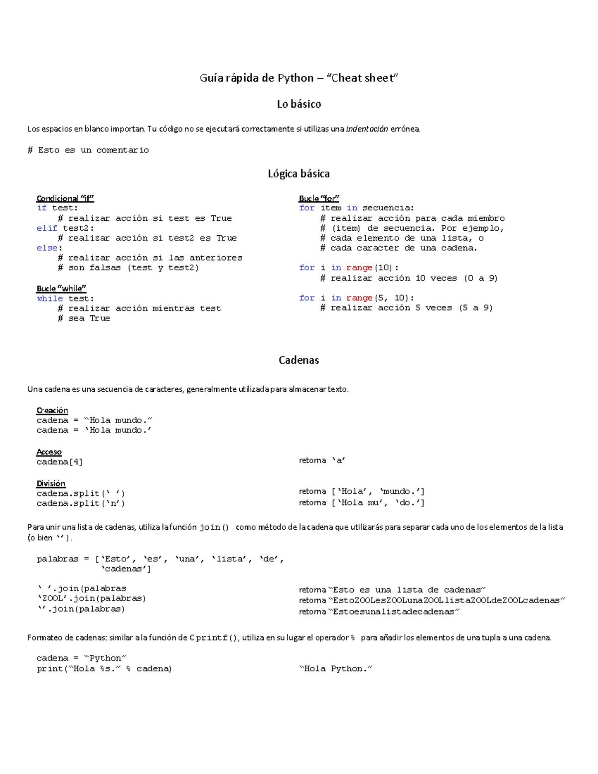 Hoja Resumen de Python - Guía rápida de Python – “Cheat sheet” Lo ...