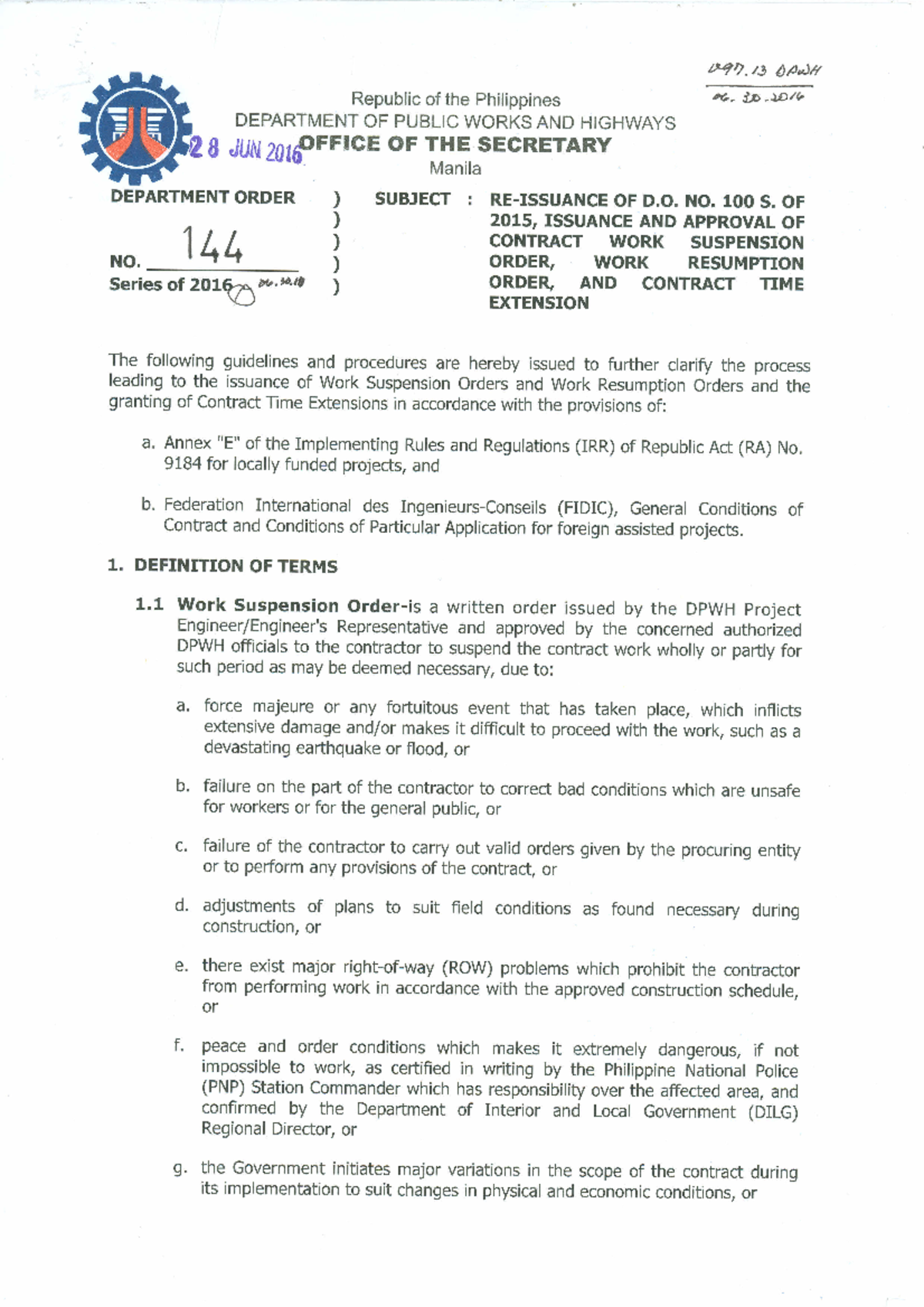 Re-Issuance of DPWH D.O. 100 S. 2015: Guidelines on Work Suspension and ...