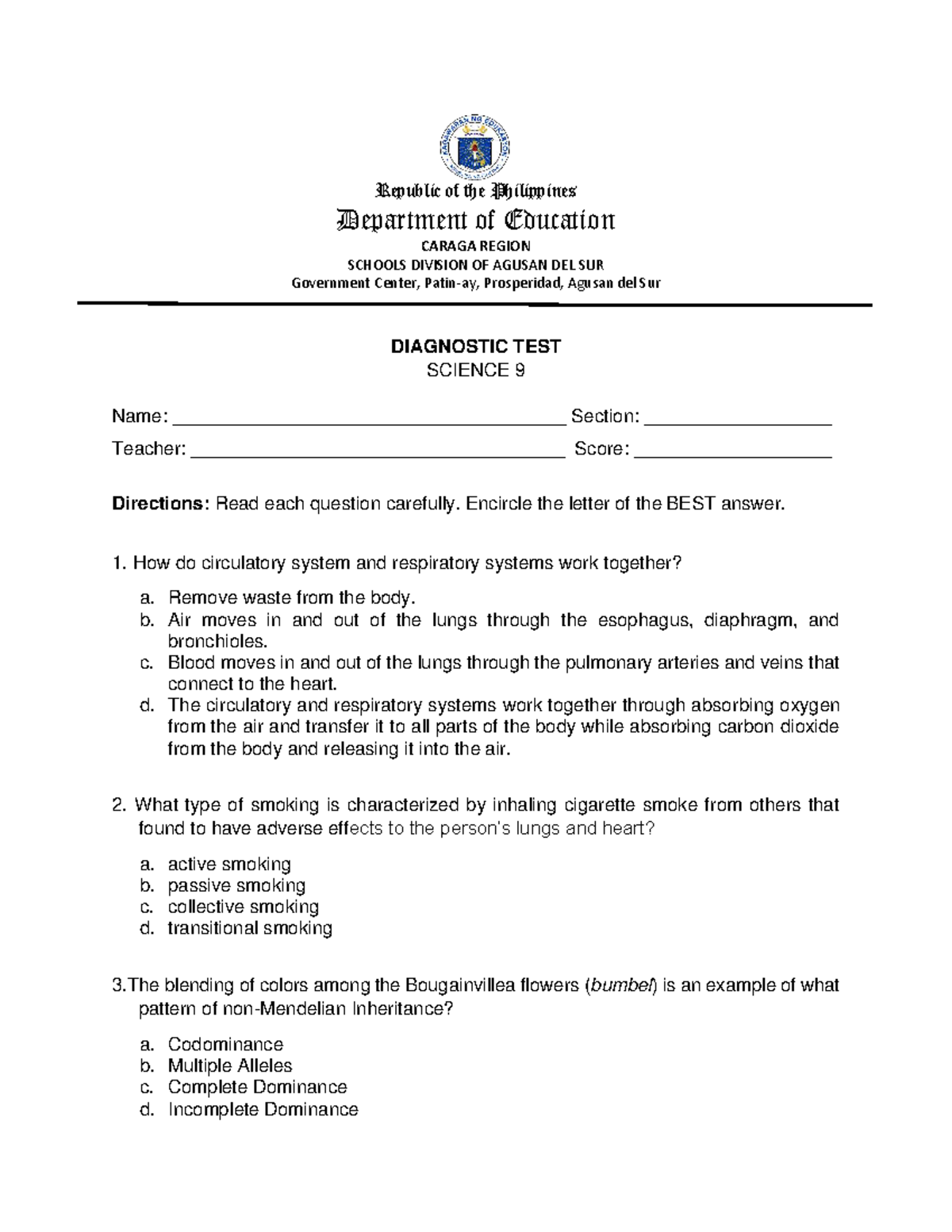Science 9 Diagnostic Test: Understanding Key Concepts - Studocu