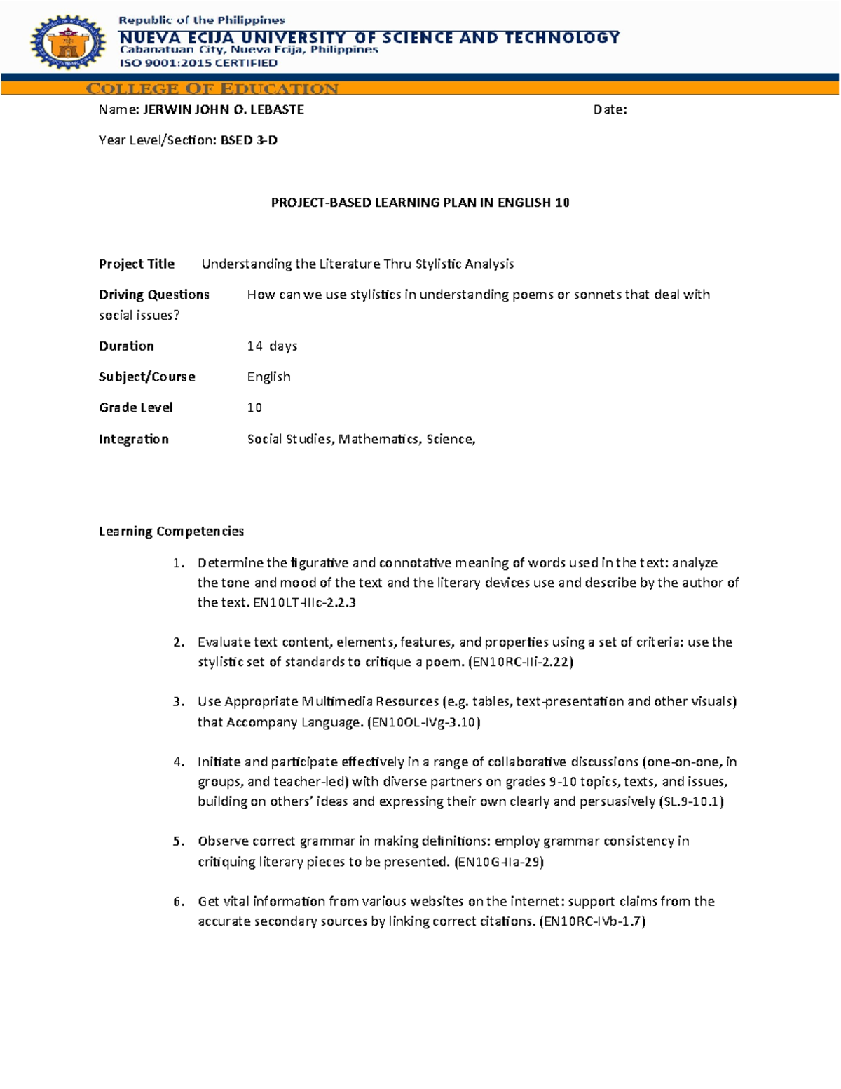 Projectbasedlpg 10 - qwerty - Name: JERWIN JOHN O. LEBASTE Date: Year ...