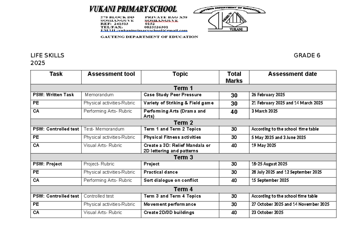 LIFE Skills Grade 6 Assessment Schedule & Task Overview 2025 - Studocu