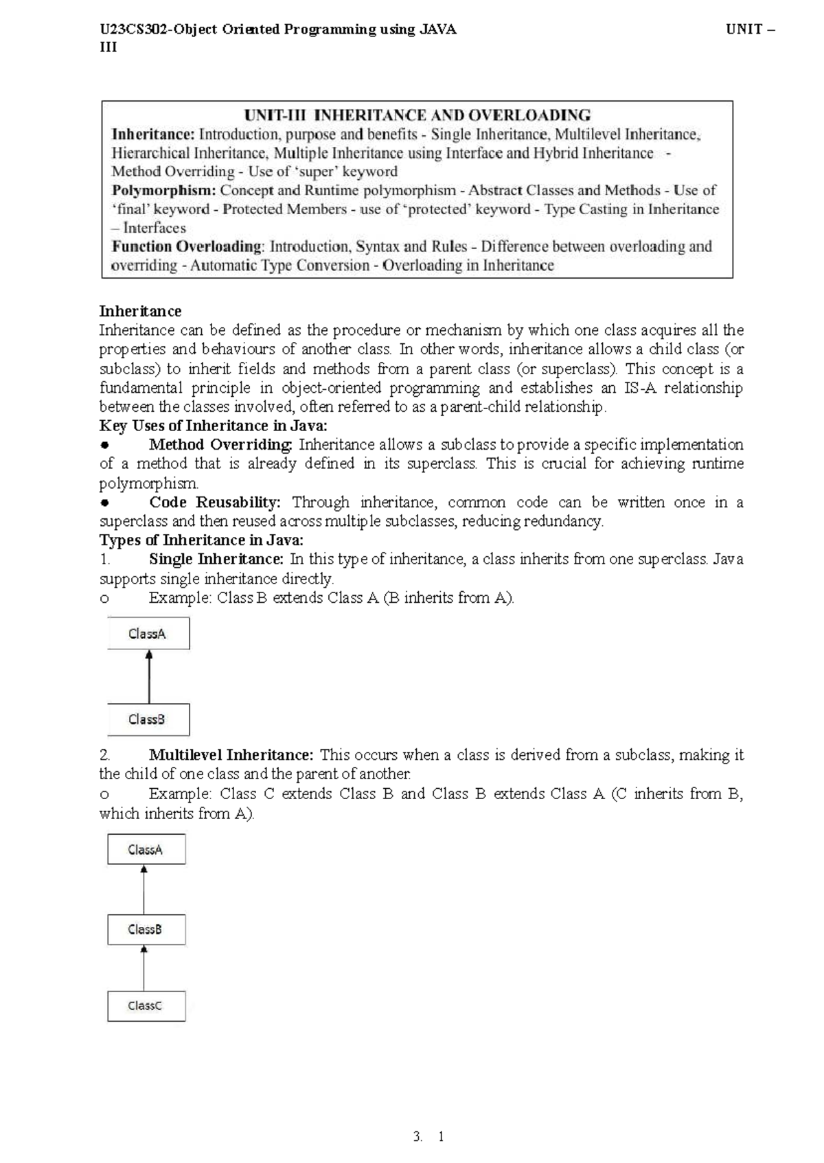 U23CS302 Unit 3: Understanding Inheritance in Java OOP - Studocu