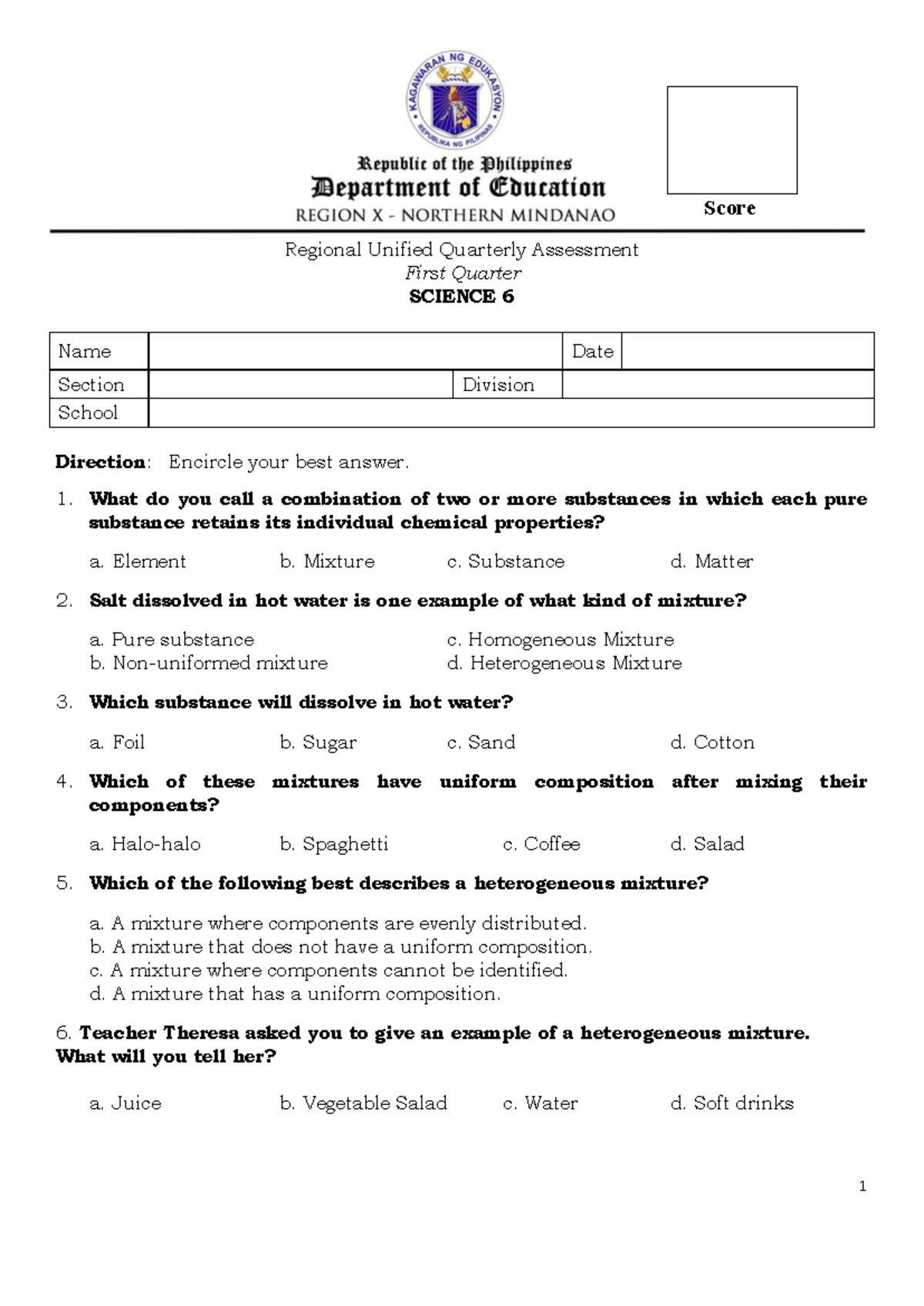 Science 6 - Final RUQA Exam Reviewer on Mixtures and Solutions - Studocu