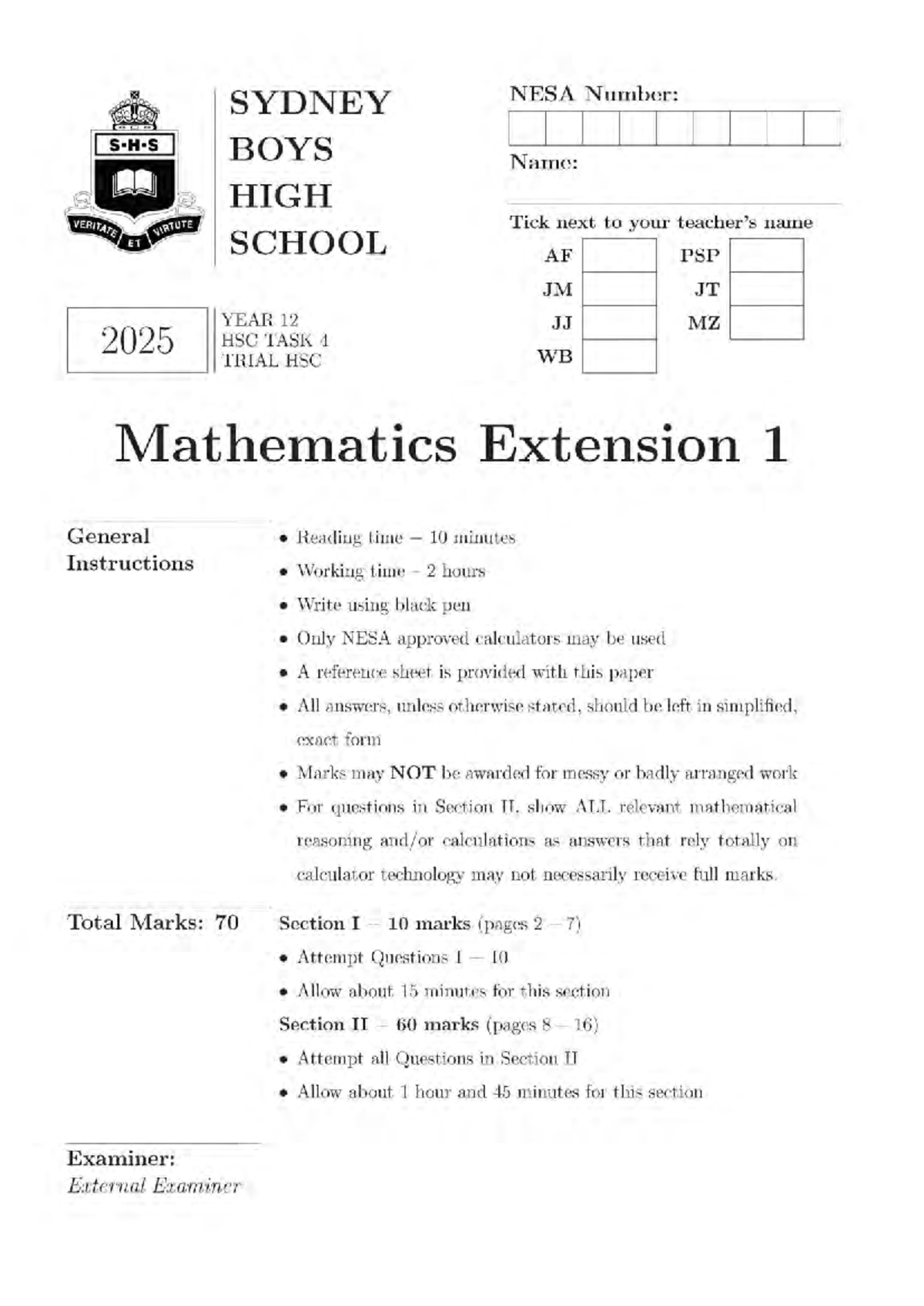 2025 HSC Trial Mathematics Extension 1 - Sydney Boys High School - Studocu