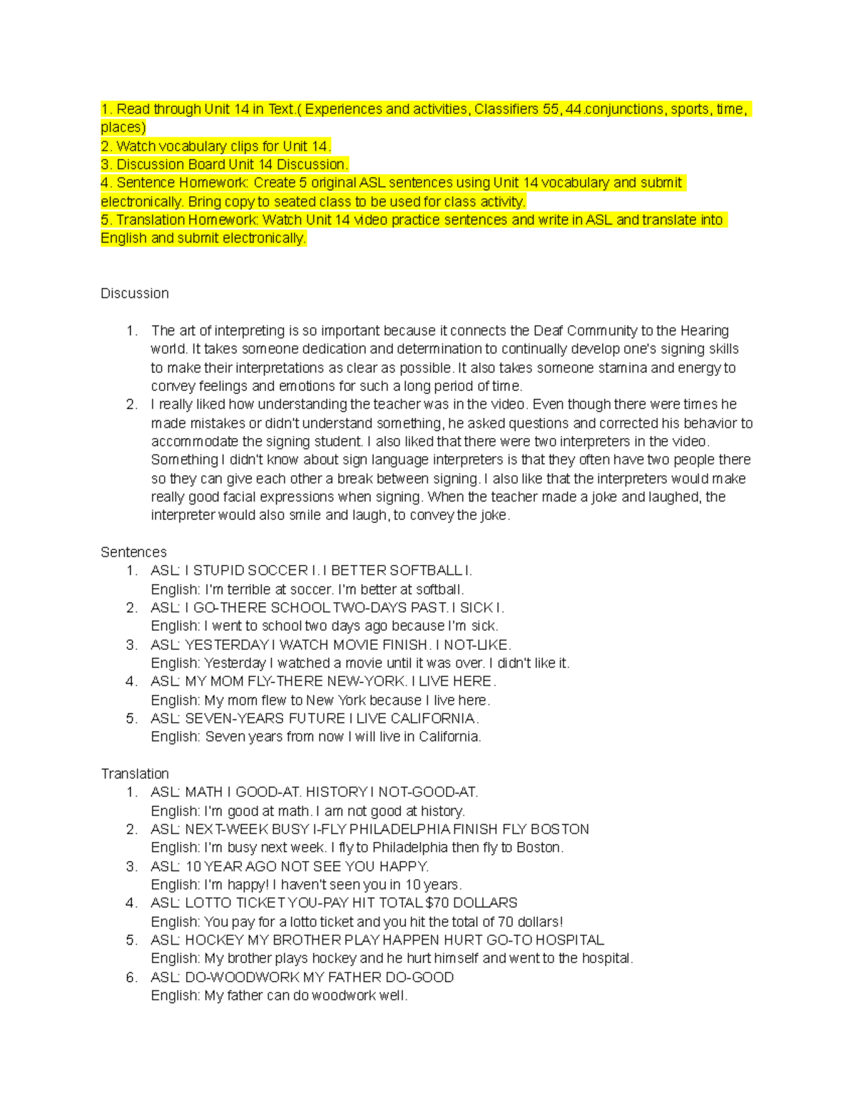 ASL-Unit 14 - Discussion and Sentence Homework Write-Up - Studocu