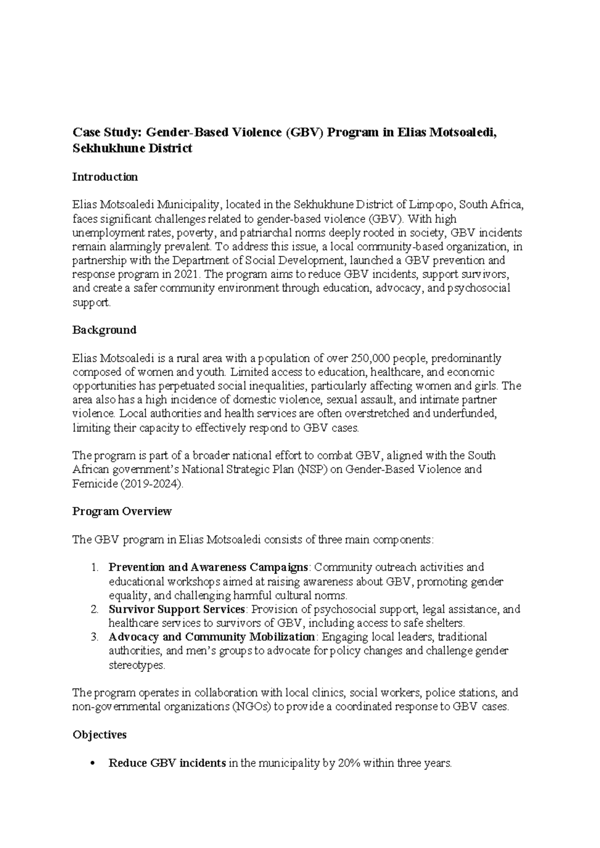 GBV Case Study: Strategies and Challenges in Elias Motsoaledi - Studocu
