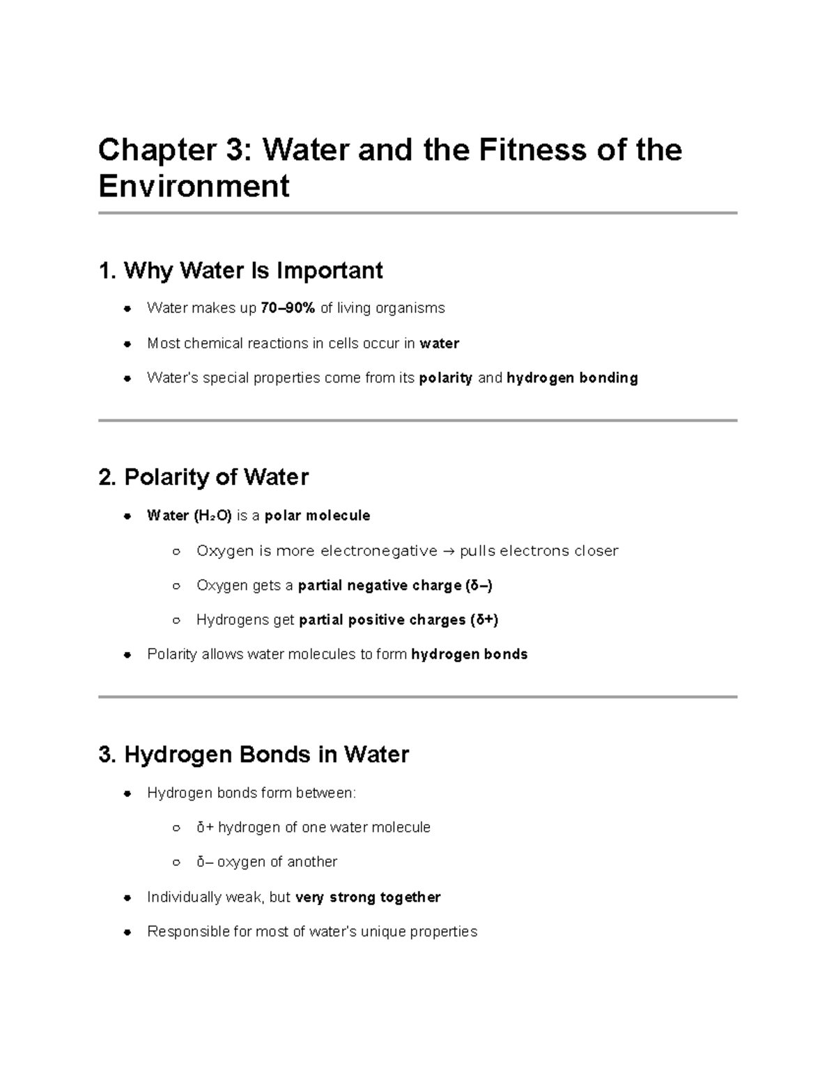 Ch3: Water's Role in Environmental Fitness - Campbell Biology - Studocu