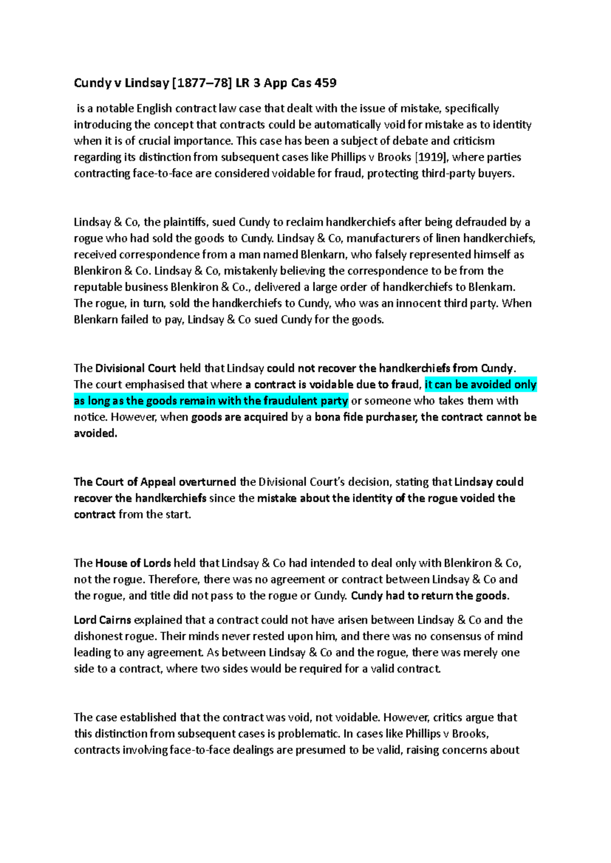 Cundy v Lindsay - Case Study Notes on Mistake in Contract Law - Studocu